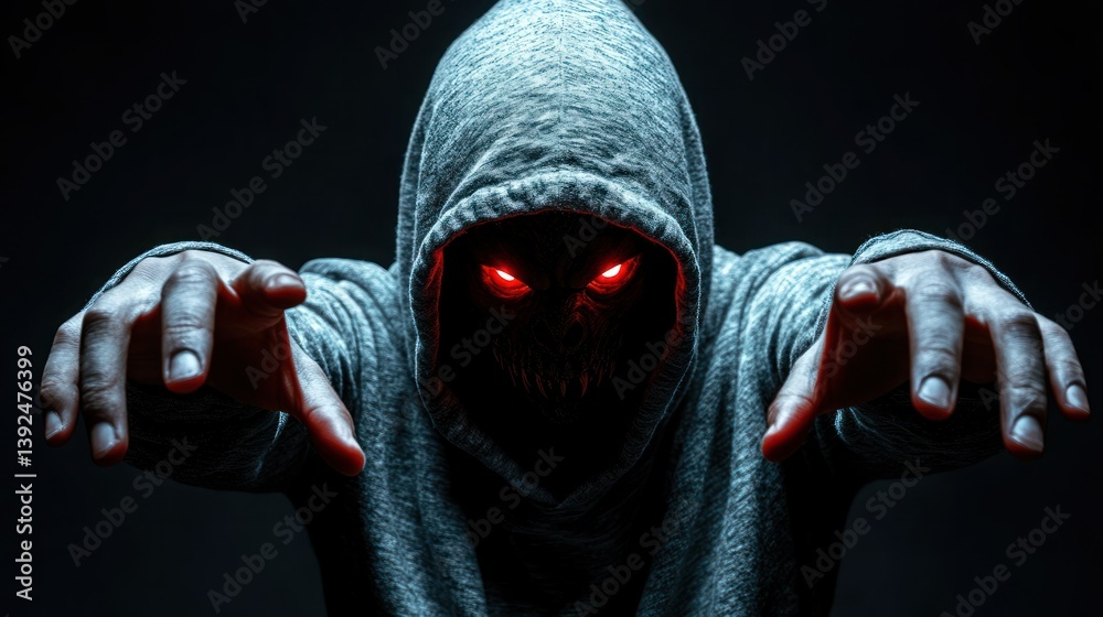 Menacing hooded figure with glowing red eyes reaching out Stock ...