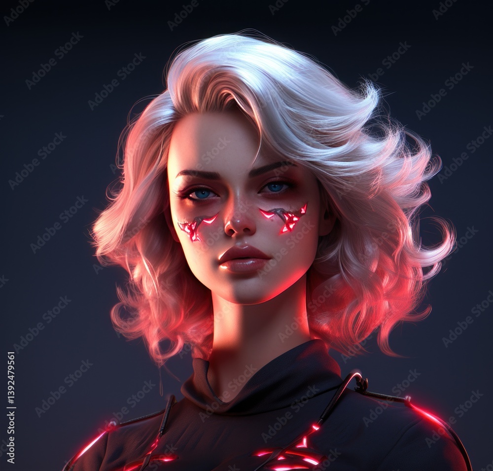 Cyberpunk female model posing with glowing red neon makeup, wearing ...