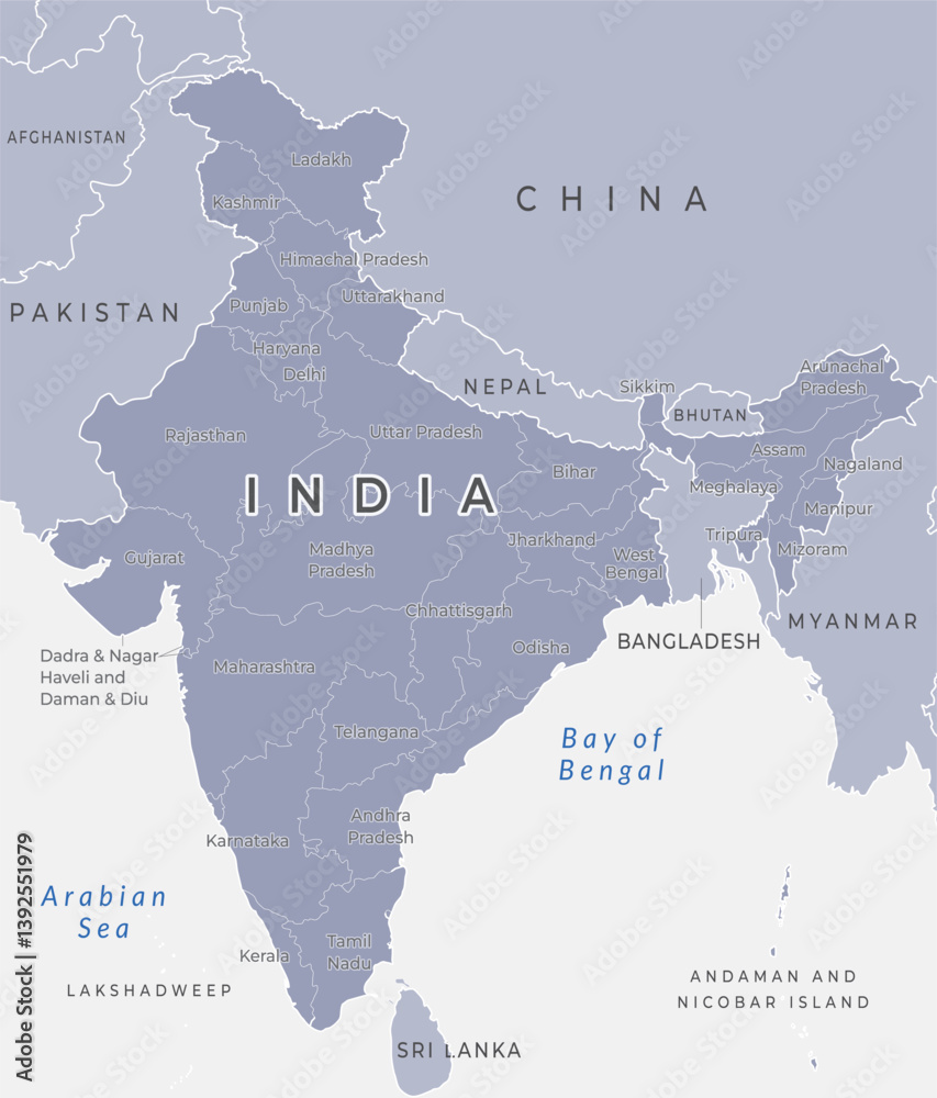 India map state wise marked with state name, highlighting neighbouring ...
