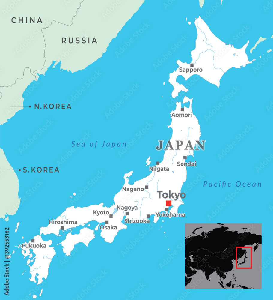 Japan map with capital Tokyo, most important cities and national ...