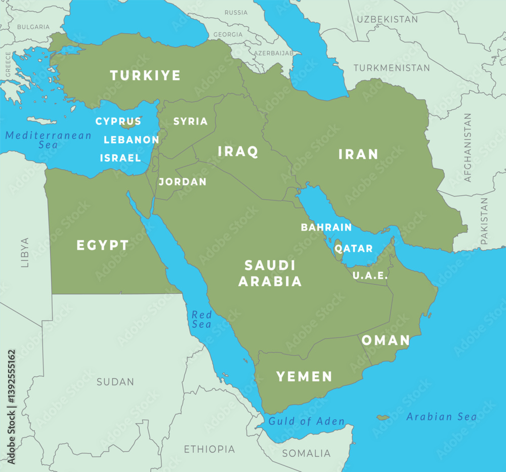 Middle East map showing country borders, names, and surrounding regions ...