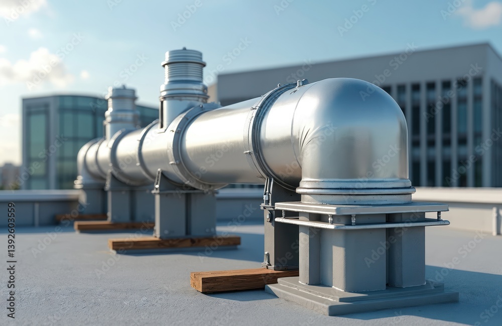 Industrial HVAC pipes mounted on commercial building roof. Exhaust ...