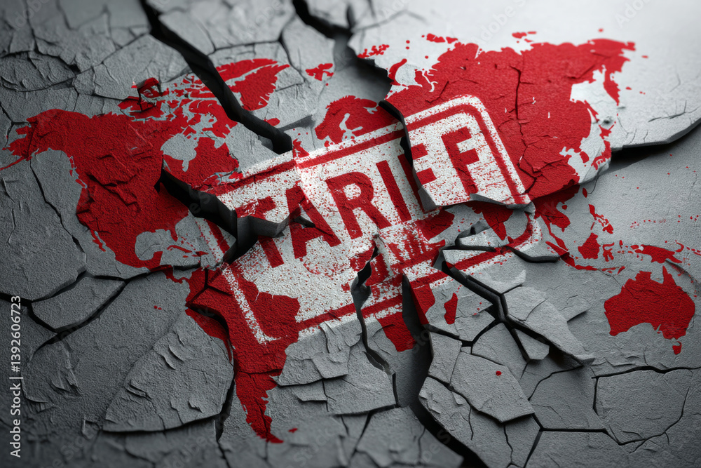 World map with deep cracks and bold TARIFF stamp. Concept of trade war ...