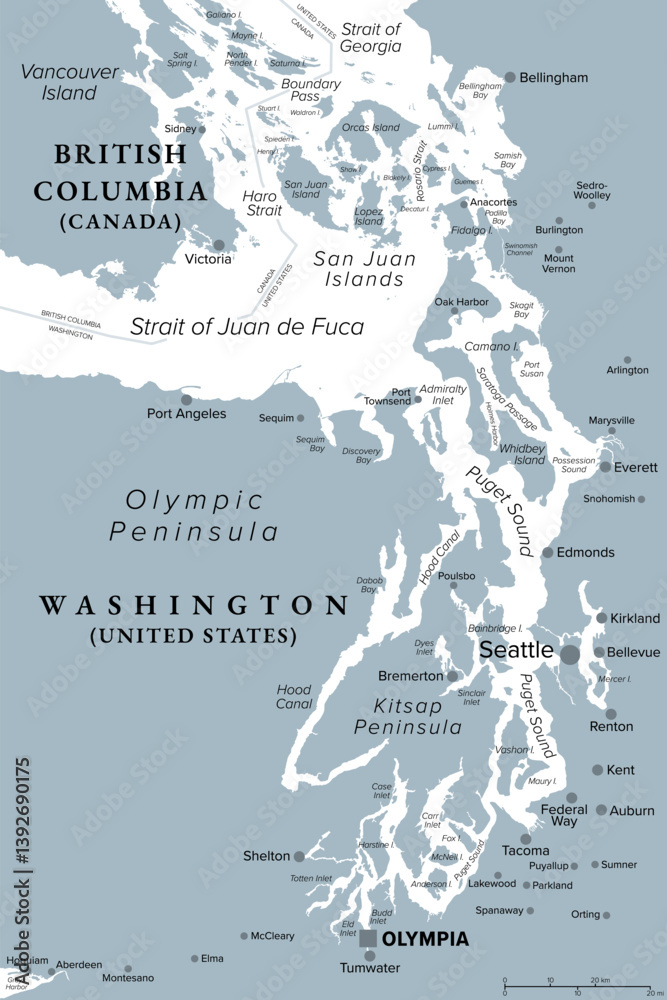 Puget Sound region, U.S. state of Washington, gray political map ...