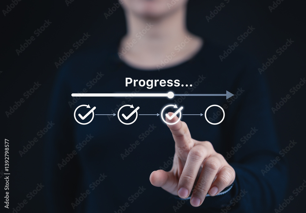 Checklist and task progress tracking concept. A person pointing at progress bar with checkmarks ...