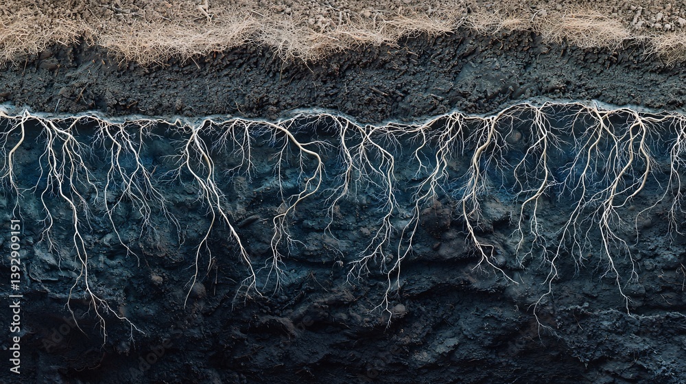 cross-section of soil revealing a vast, interwoven root system of a ...