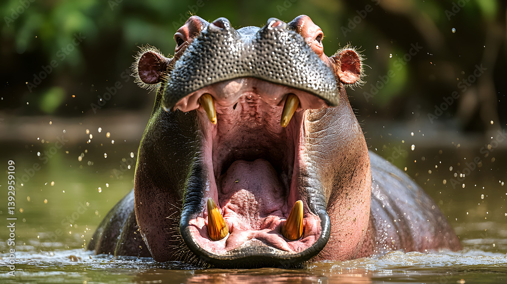 Hippo with gaping jaws in the water, showcasing prominent teeth, a wild ...