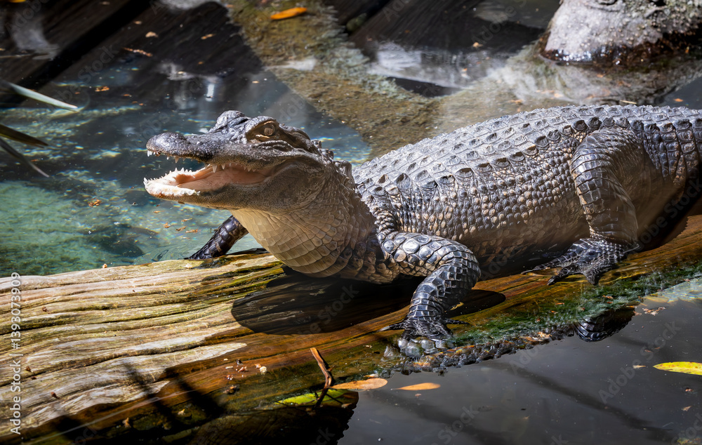 Dwarf Crocodile sitting on a log at an alligator farm in Florida. African Dwarf crocodile is the ...