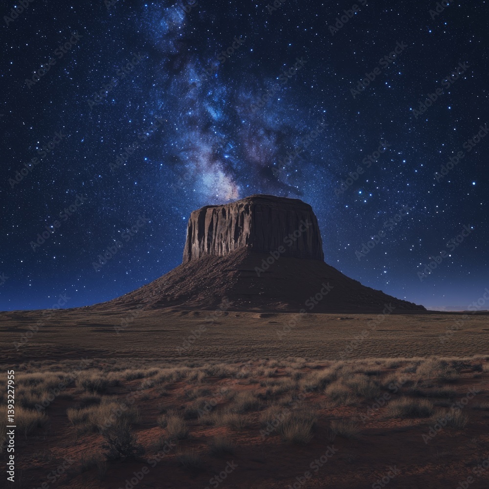 image of a rugged desert mesa under a vast starry night sky isolated on ...