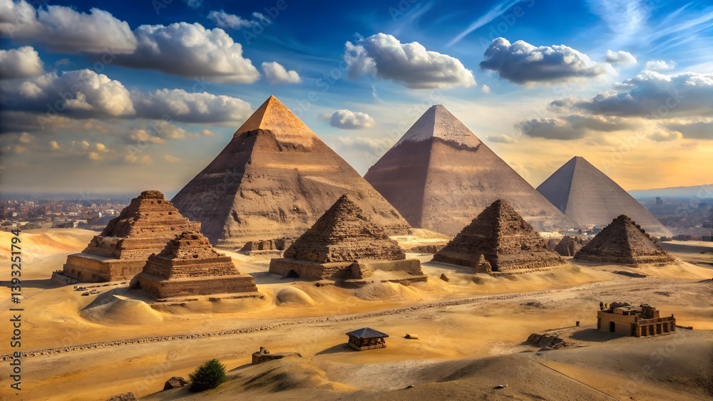 Ancient Egyptian pyramids of Giza stand as great stone monuments in the ...