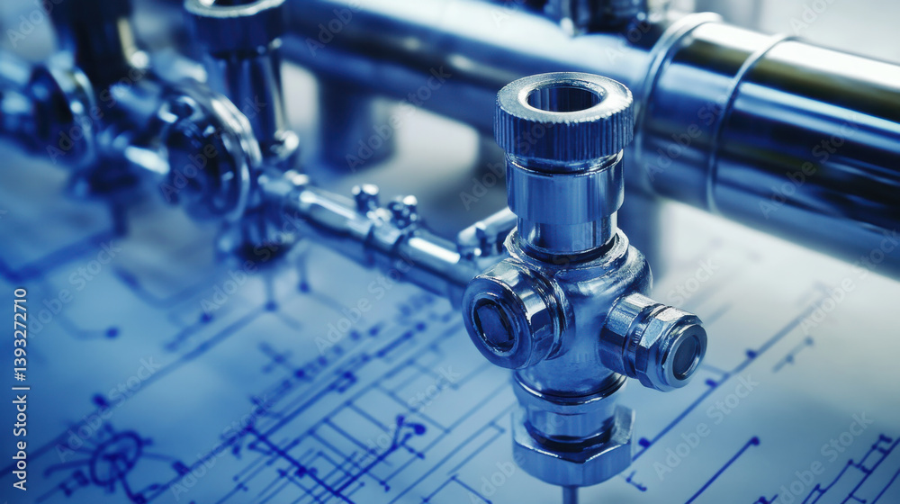 Metal pipe fittings connect with blueprints laid out on a surface in a ...