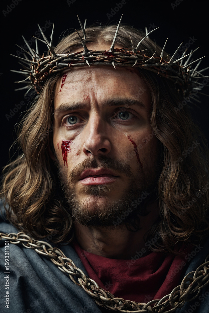 Jesus Christ with bleeding wounds on His face, depicting the suffering ...