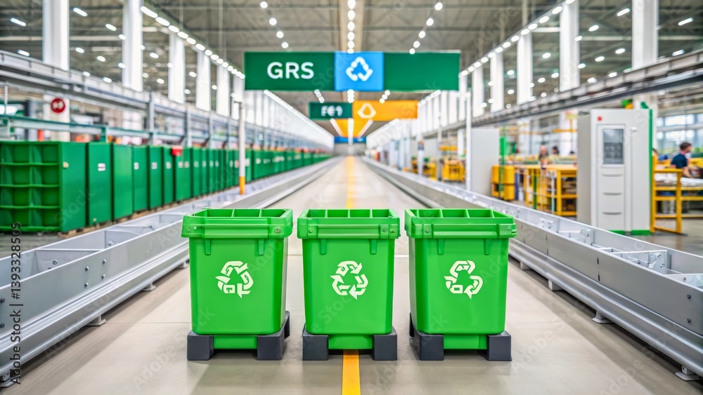 Green Recycling Bins in Modern Waste Management Facility with Organized ...