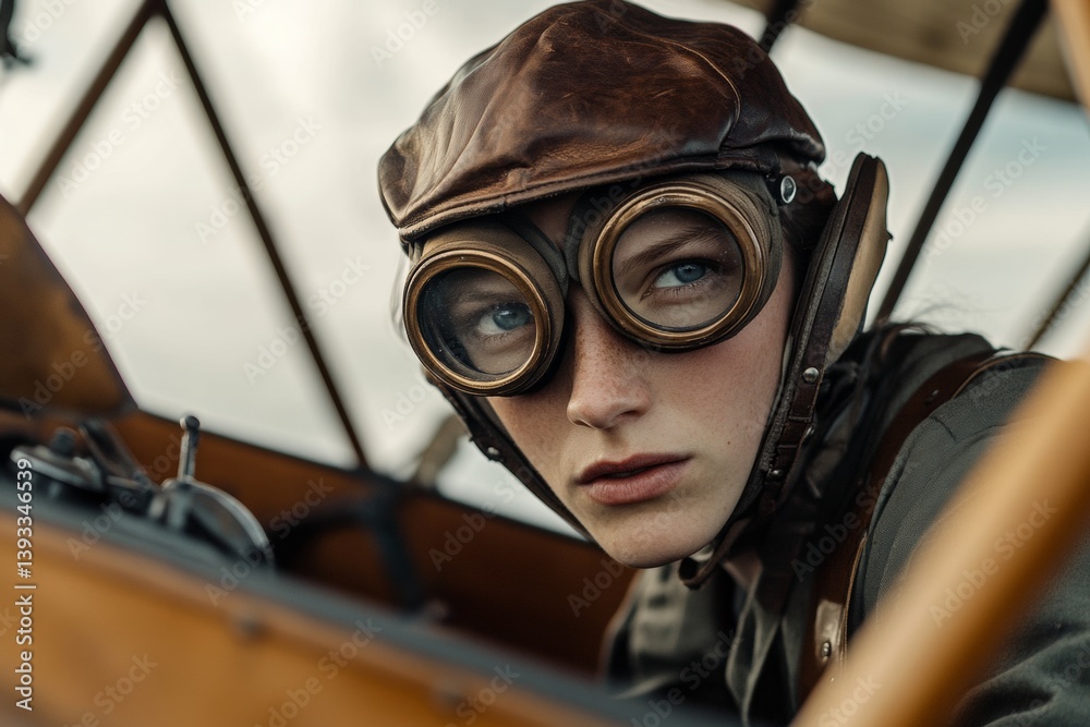 Pilot navigates a vintage World War I biplane cockpit, showcasing ...