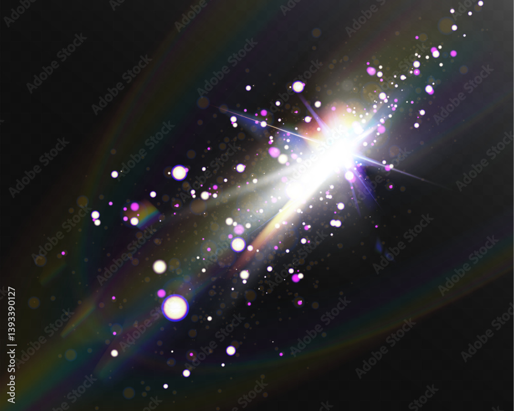 Glowing light effects with transparency, lens flare, radiant beams, starbursts, and luminous ...
