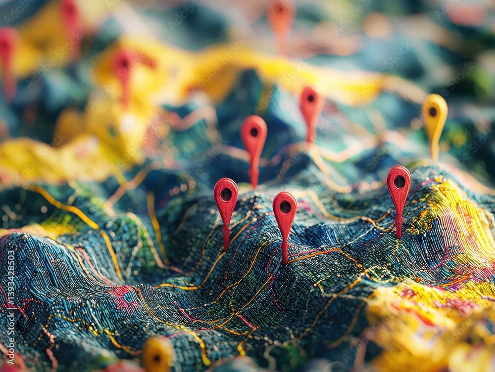 Abstract topographical map featuring red and yellow location pin markers indicating key points ...