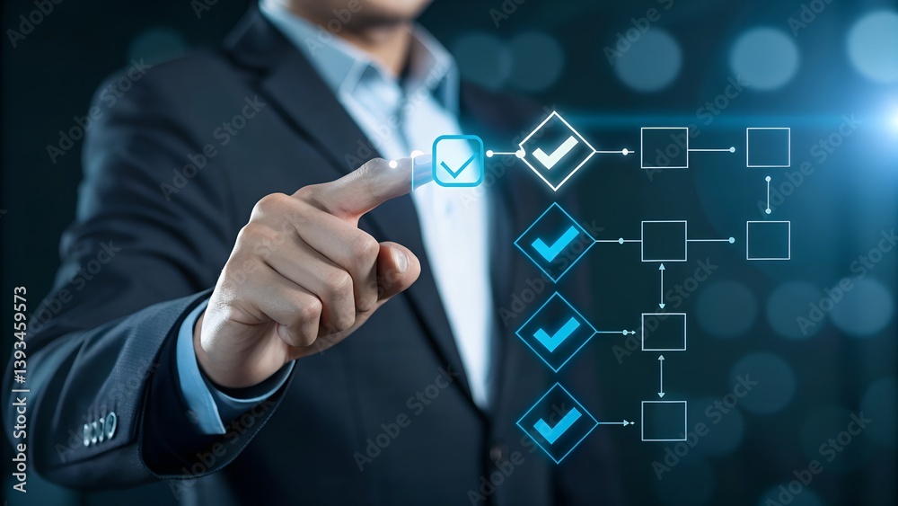 Businessman touches a digital progress checklist with check marks and ...