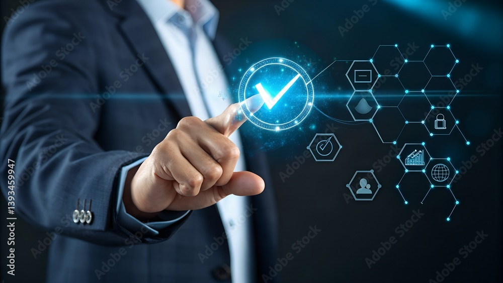 Businessman touches a digital progress checklist with check marks and an advancing loading bar ...