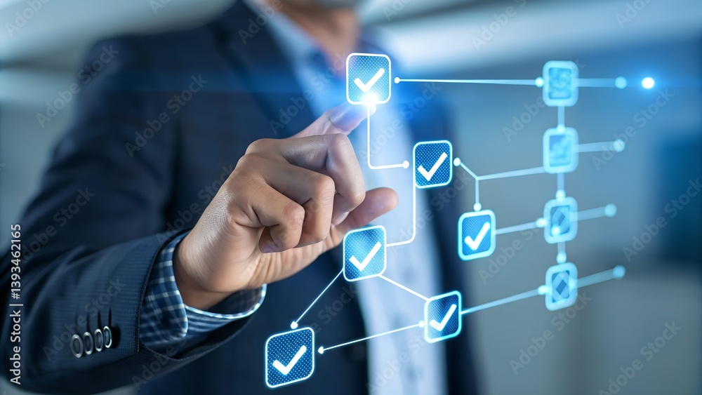 Businessman touches a digital progress checklist with check marks and ...