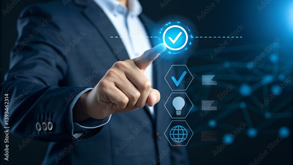 Foto de Stock Businessman touches a digital progress checklist with ...
