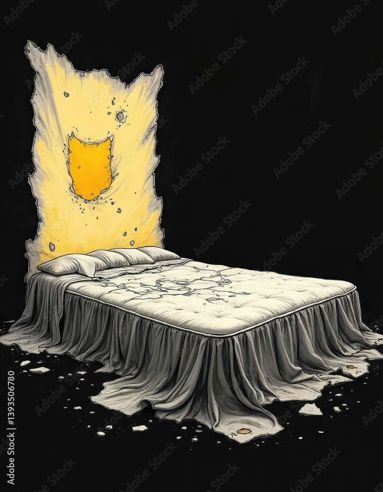Illustration of a bed with torn mattress, sheets, and ragged bed skirt ...