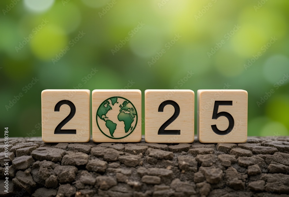 2025 Future World Concept. Wooden Blocks Forming Date. Globe Icon Shows Planet Earth ...