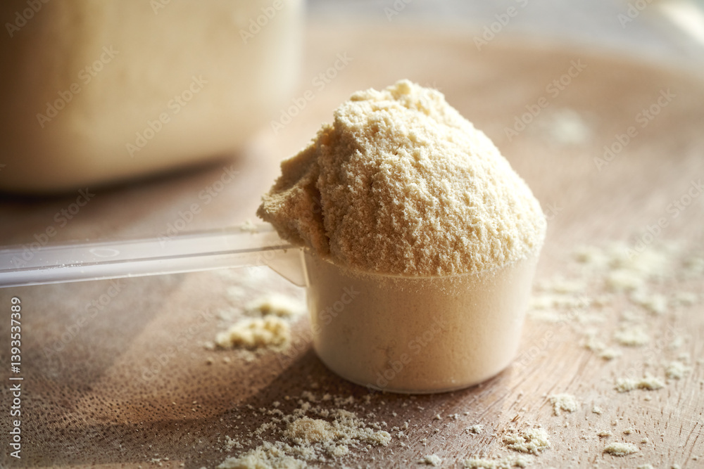 Whey protein powder in a plastic measuring spoon Stock Photo | Adobe Stock