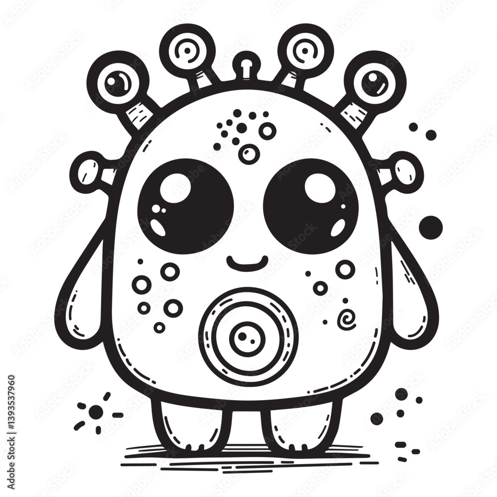 Adorable Alien Monster with Antennae Coloring Page, Cute Cartoon ...