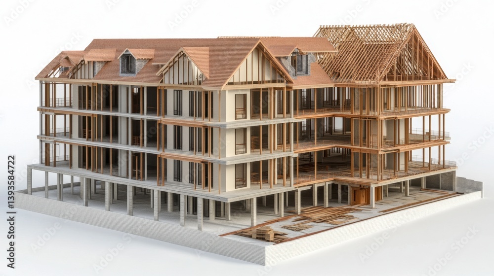 D structural model of a commercial building, displaying beams, columns ...