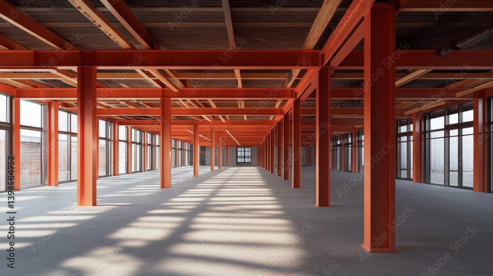 D structural model of a commercial building, displaying beams, columns ...