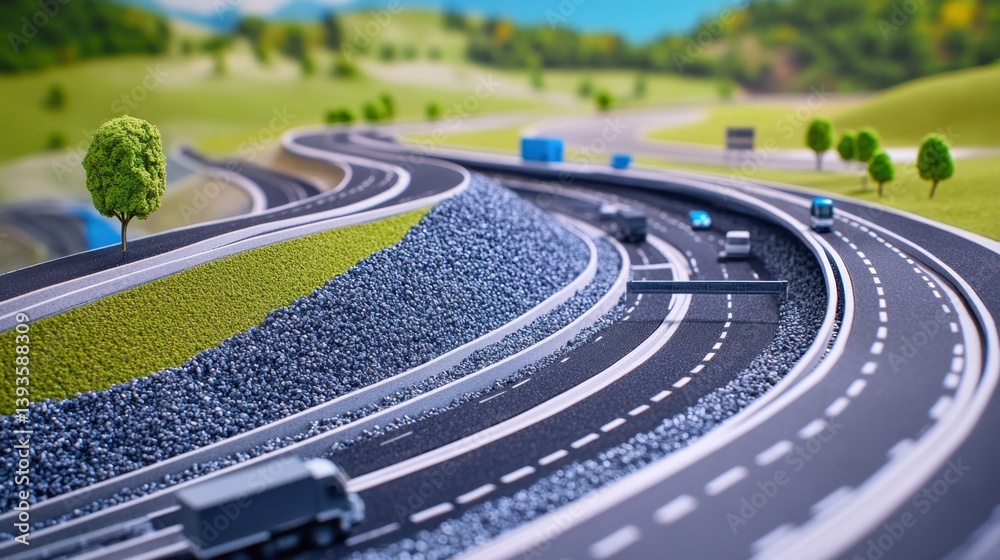 Cross-section model of layered road design showing gravel, asphalt, and ...