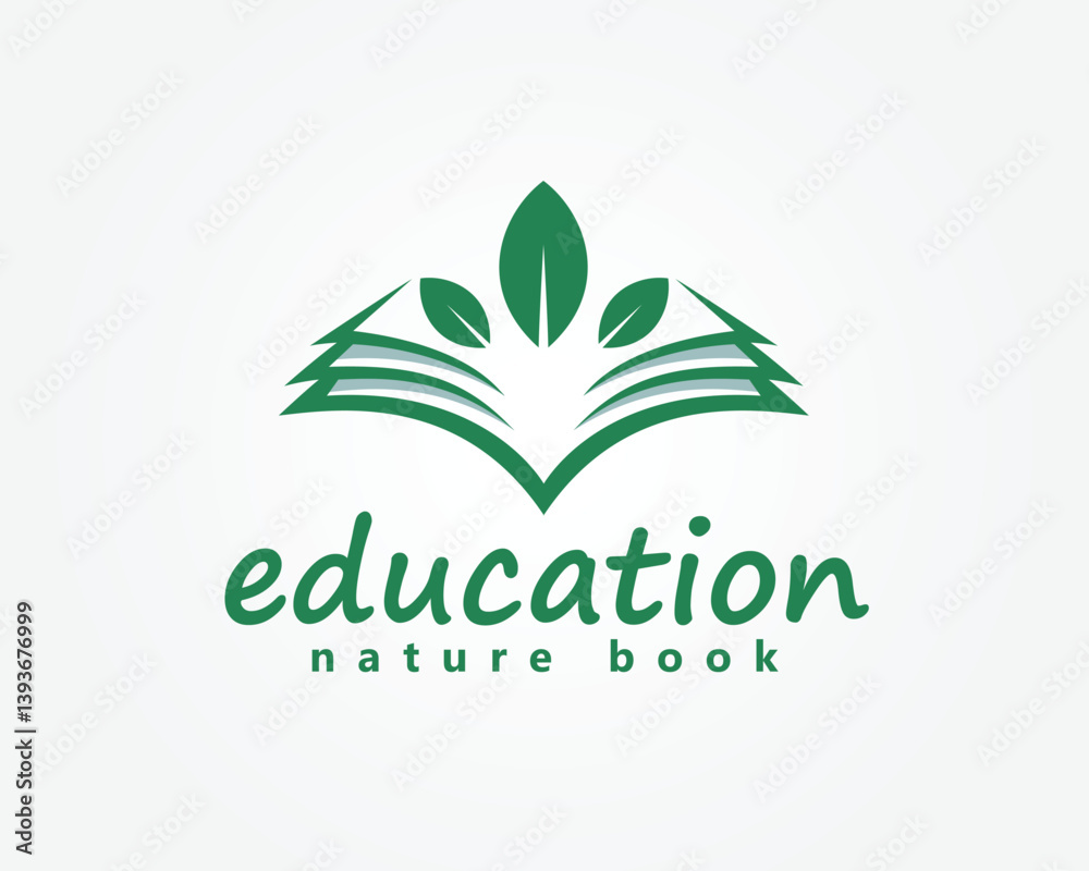 eco book logo, open book line art with three leaves in the middle, logo ...