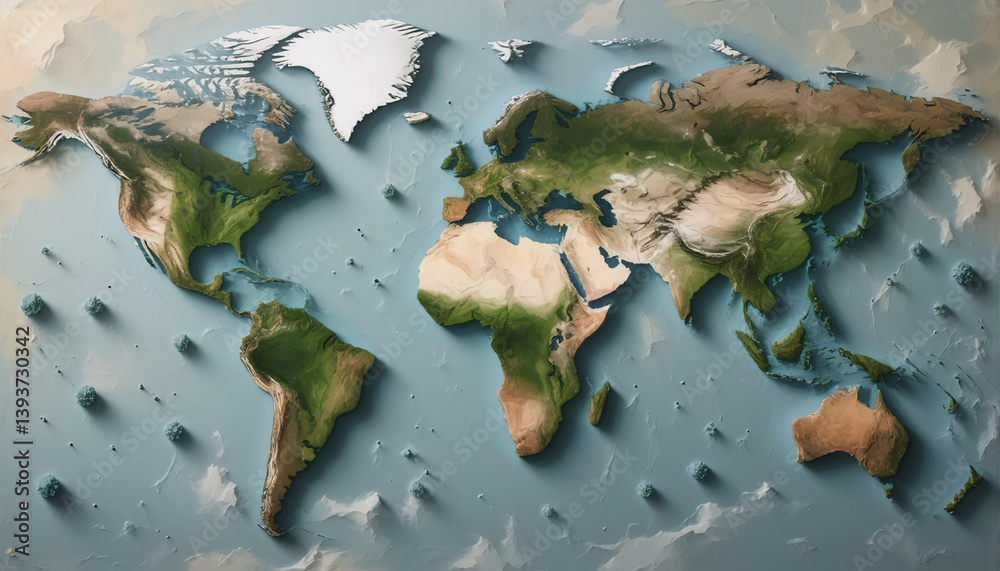 Stylized world map with raised continents and textured landforms in ...