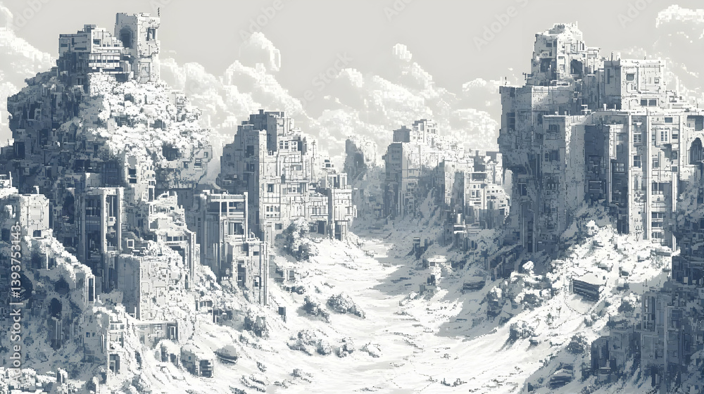 Monochrome Pixel Art Depicts Ruined Cityscape with Damaged Buildings ...