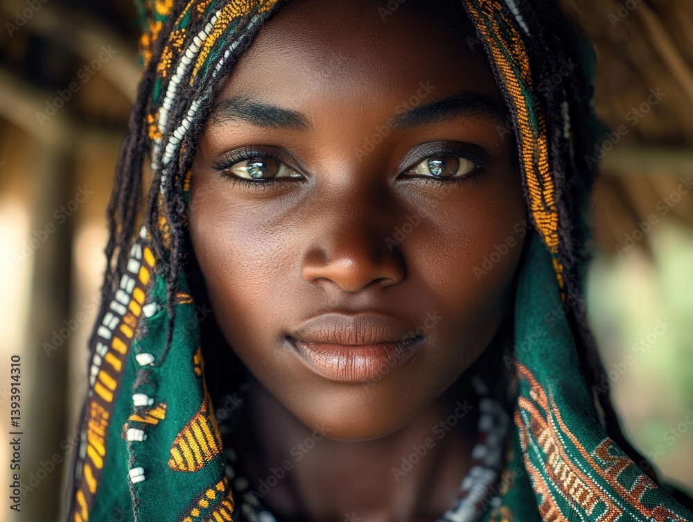 Portrait of an indigenous African woman in ceremonial dress, her wise ...