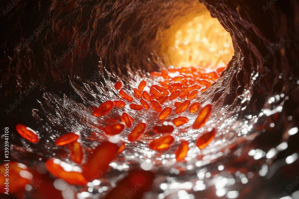 Microscopic view of red blood cells flowing through a blood vessel ...