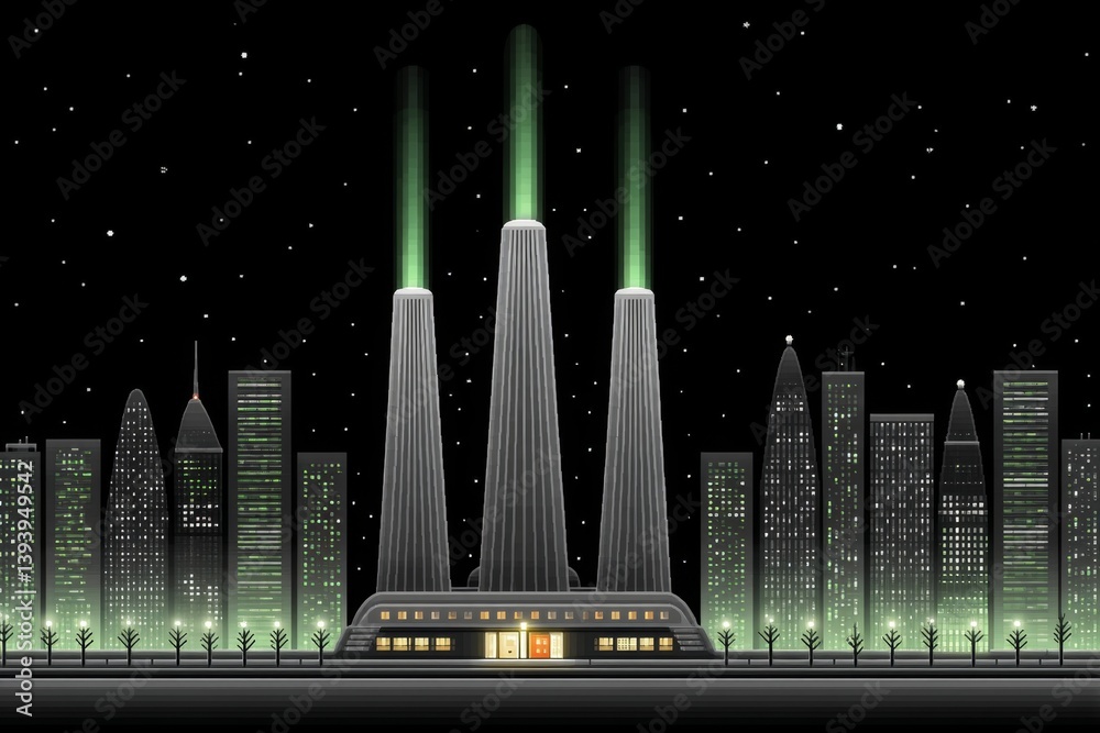 Pixel art power station with animated energy beams powering a tiny ...