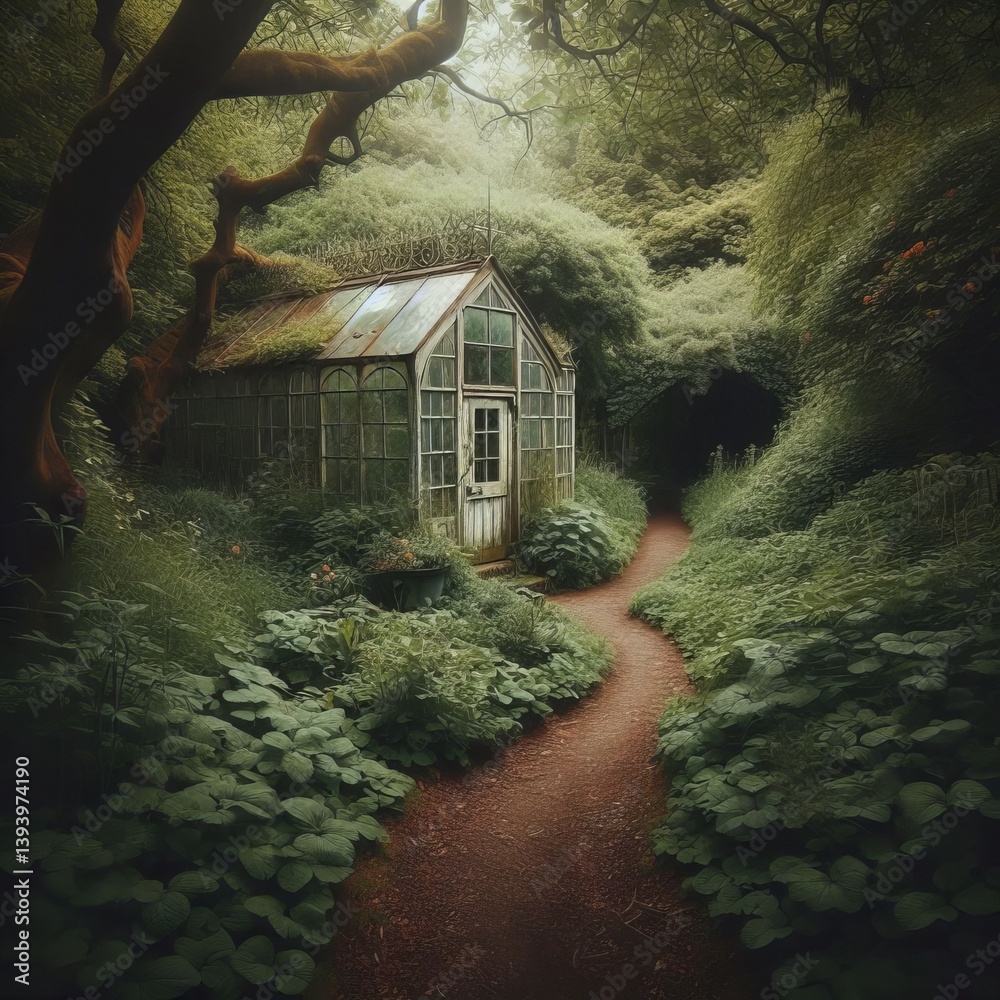 Secret Garden Path to Greenhouse A winding overgrown path in a s Stock ...