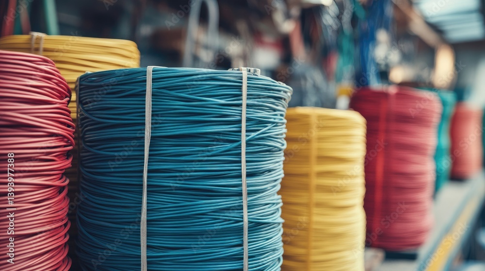 Spools of multicolored electrical wires stacked neatly in a workshop ...