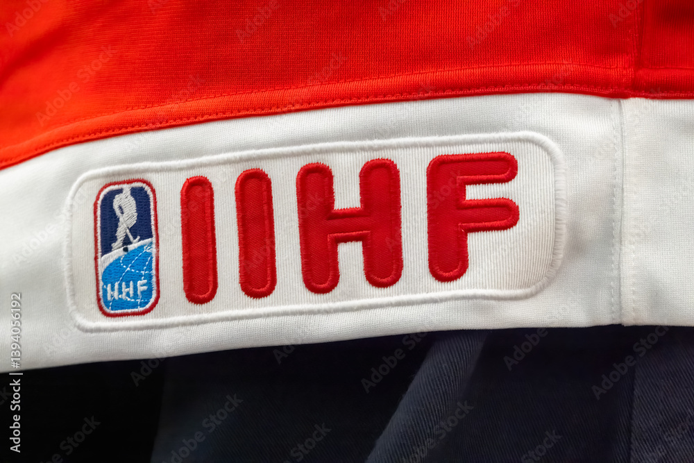 Calgary, Alberta, Canada. Apr 8, 2025. A close-up shows the IIHF ...