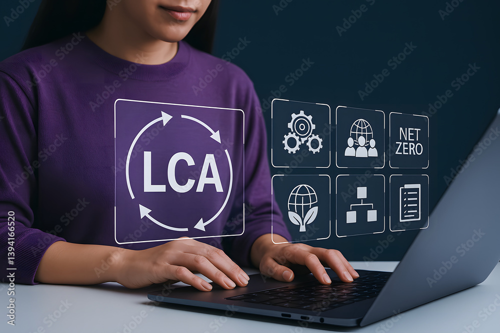 Woman using laptop with LCA dashboard, life cycle assessment interface, environmental impact ...