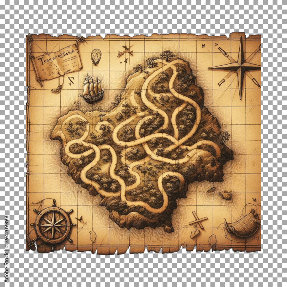 Old World Pirate Map with Sailing Ships and Landmarks on transparent ...