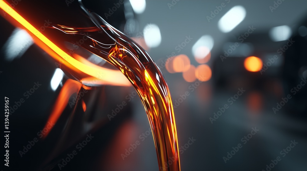 Golden motor oil pouring into futuristic car with blurred garage ...