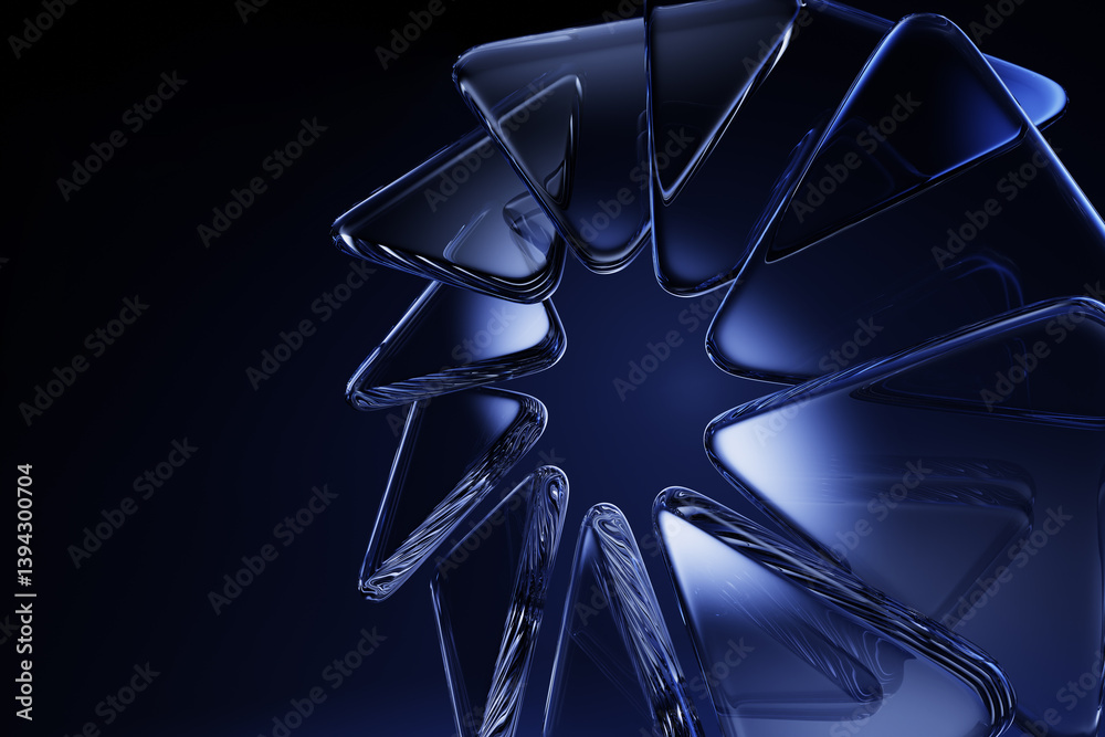 Dark blue background with glass circle of transparent triangle plates ...