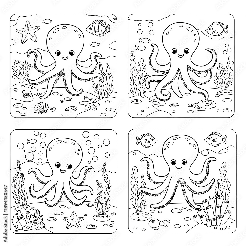 4 Set bundle octopus themed black and white coloring page with four ...