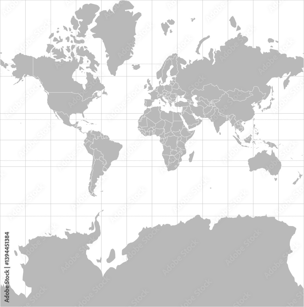 World vector map with country boundaries and graticules (Web Mercator projection, PPT-compatible ...