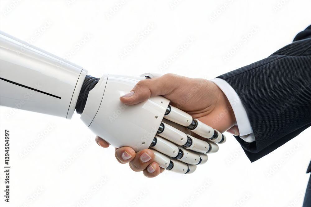 Robot and human collaborate in partnership. Human Handshake with ...