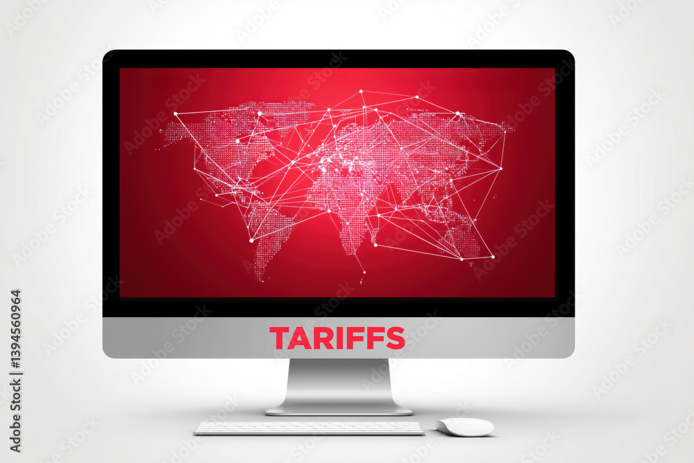 Bright red screen on desktop computer showing world tariff data with ...