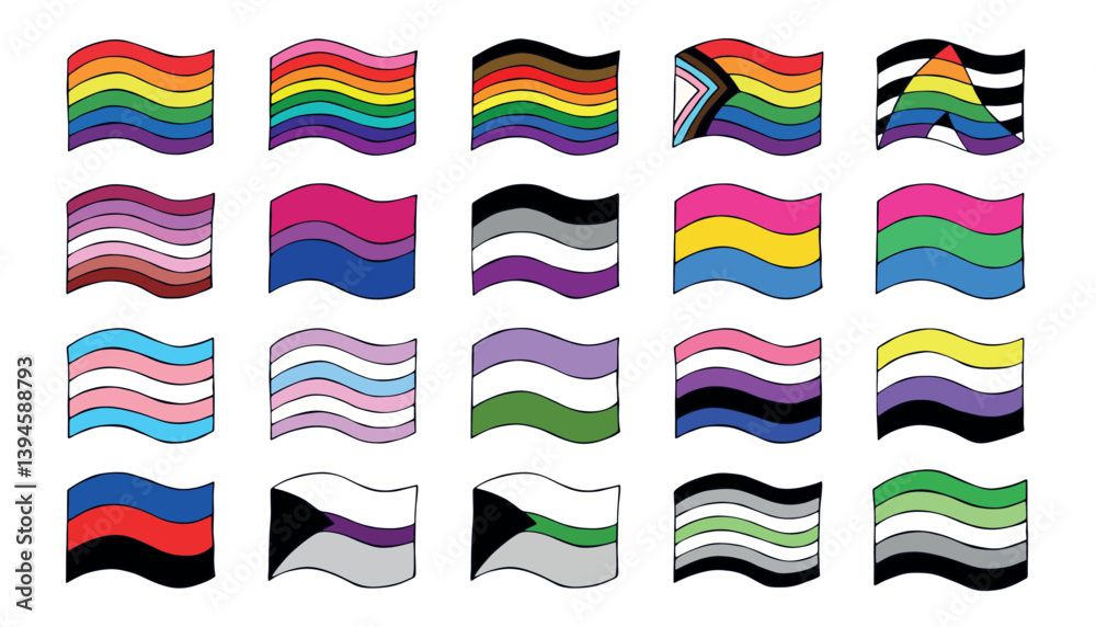 Set of colorful LGBTQ+ pride flags Gender equality and sexual identity ...