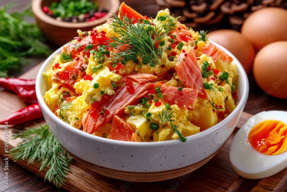 Deliciosa ensalada de papa en un picnic junto a una mesa al aire libre ...